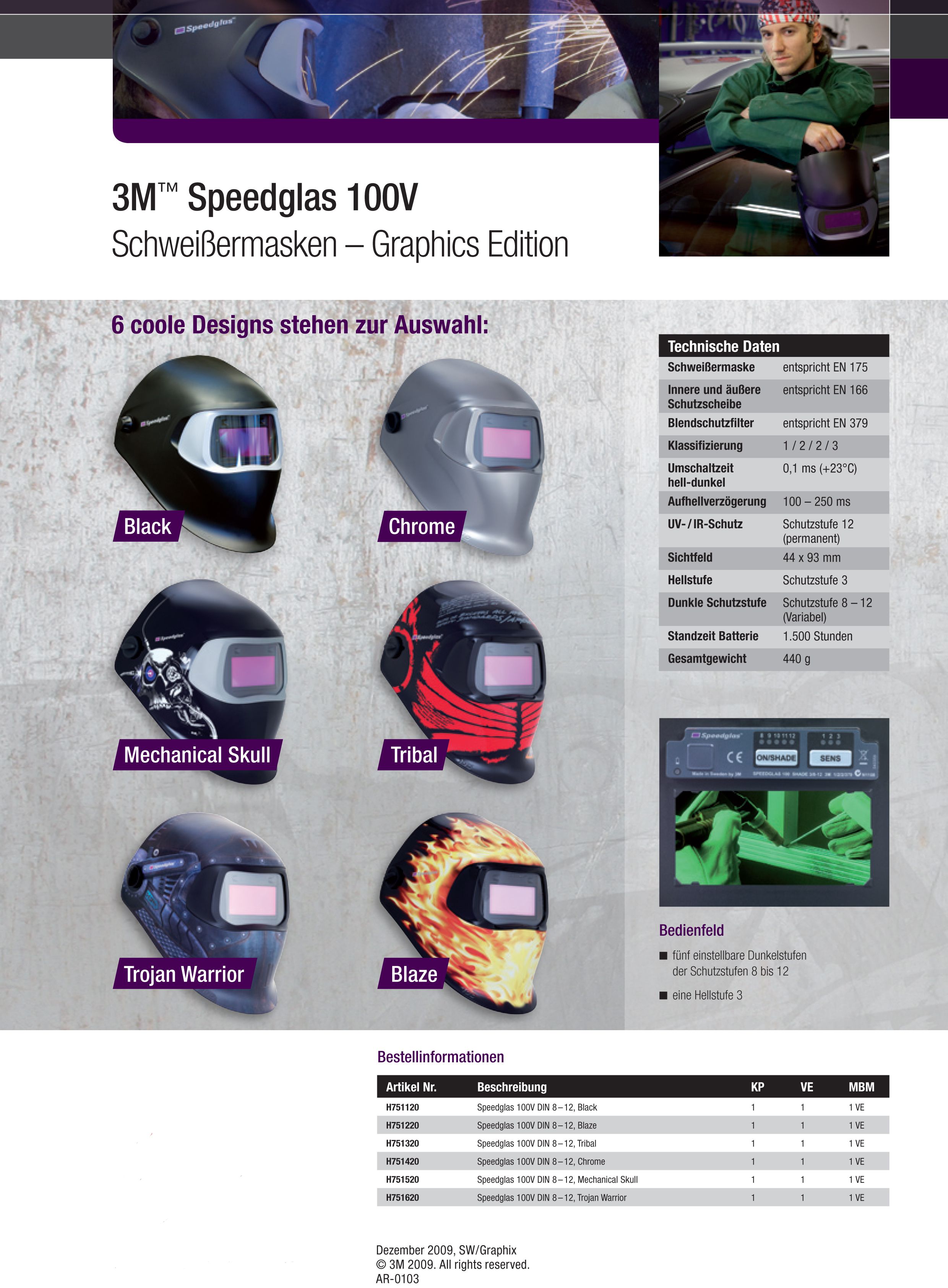 3M H751120 3M™ SPEEDGLAS 100 V Black Automatikschweißmaske Filter DIN 8-12